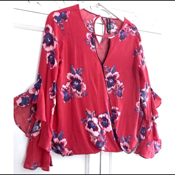 Banjara | Tops | 98 S Red Indigo Peasant Boho Top Bell Sleeve Tier Wrap Bold Floral Watercolor ...